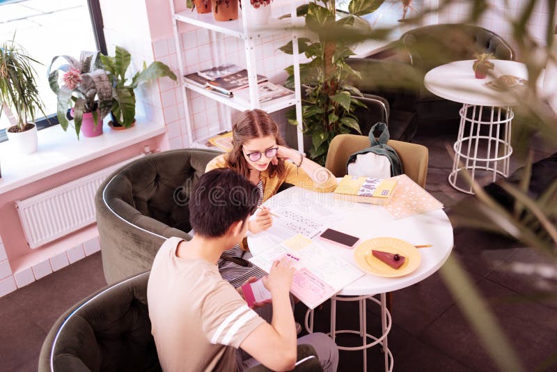 Two Appealing Students Preparing for Final Exam in Cafe Stock Photo ...