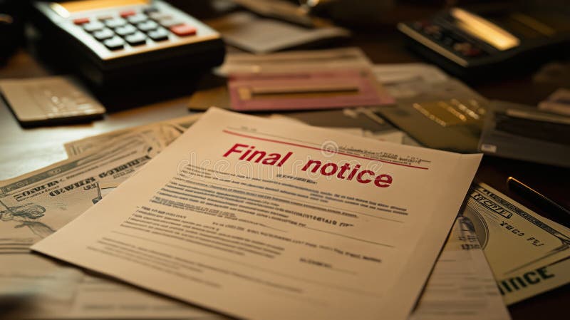 Final Notice Document on Cluttered Desk with Bills and Calculators ...