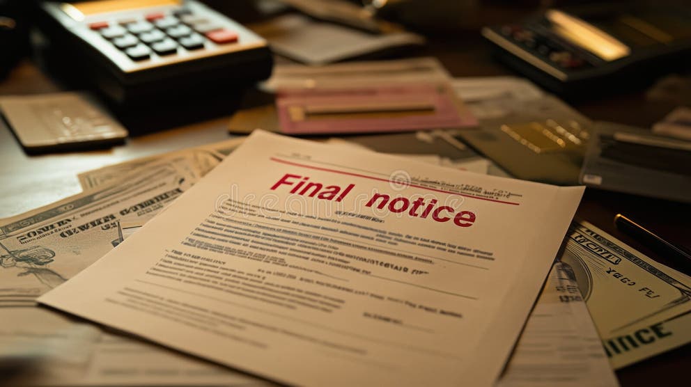 Final Notice Document on Cluttered Desk with Bills and Calculators ...