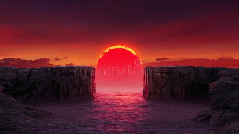 The Final Sunset a Surreal Landscape Where Two Cliffs Frame a Colossal ...