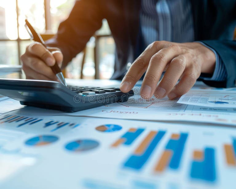 Finance Analyst Analyzing Documents with Calculator at White Desk in ...