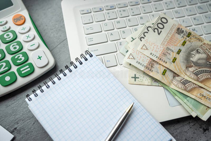 Finance Background Pln Zloty Money with Empty Notepad Calculator and ...