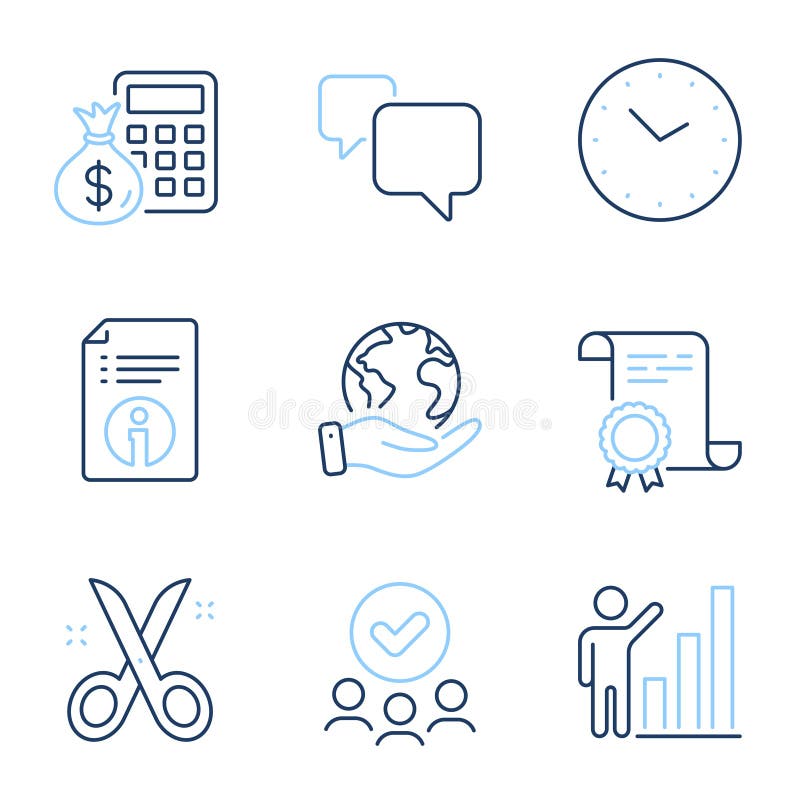 Finance Calculator, Technical Info and Speech Bubble Icons Set. Time ...