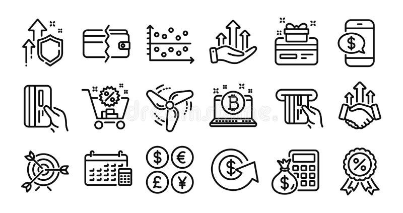 Finance Calculator, Wind Energy and Loyalty Card Line Icons Set. Vector ...