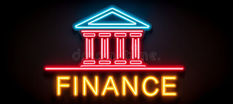 Finance Concept. Glowing Neon Bank Building Symbol and Finance Text on ...