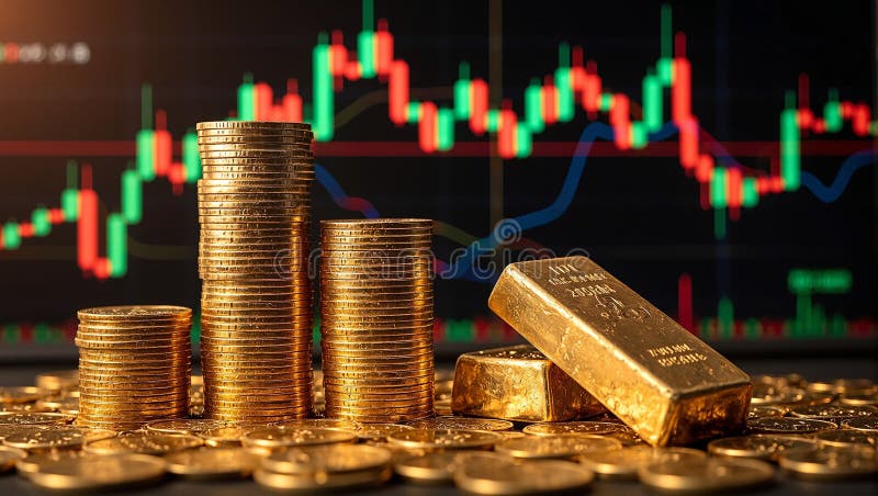 Finance Concept with Gold Coins Bars and Stock Chart Glowing in ...