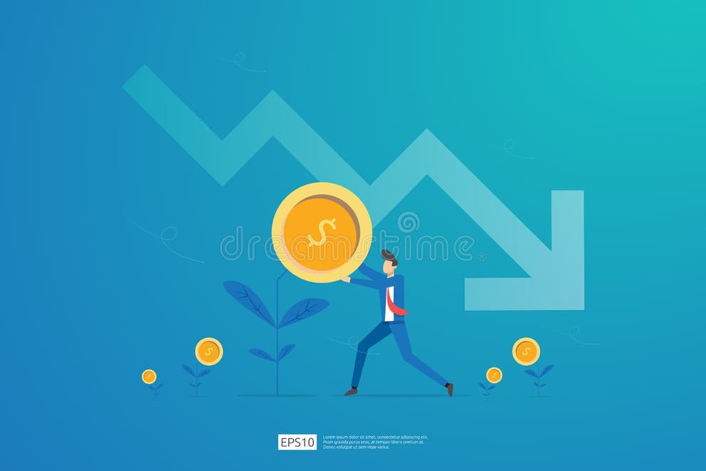 Finance Crisis Concept with Business Man Character. Money Fall Down with Arrow Decrease Symbol ...