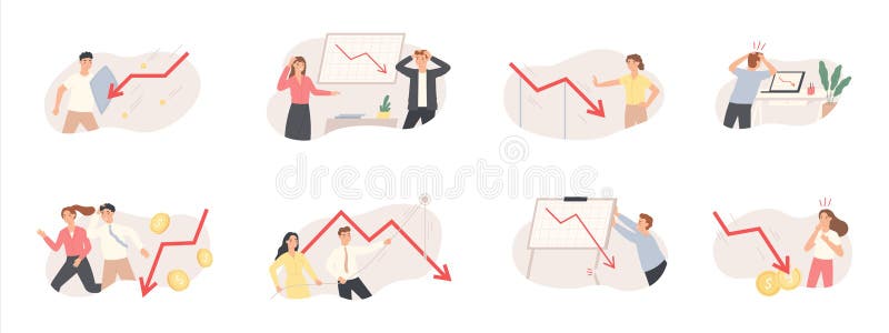 Finance Decrease and Crisis Graph. Male and Female Characters Analyzing Market, Business ...