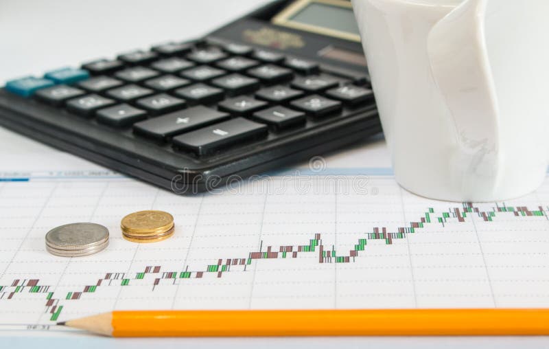 Finance Graph on a White Background with Calculator, Cup of Coffee an ...
