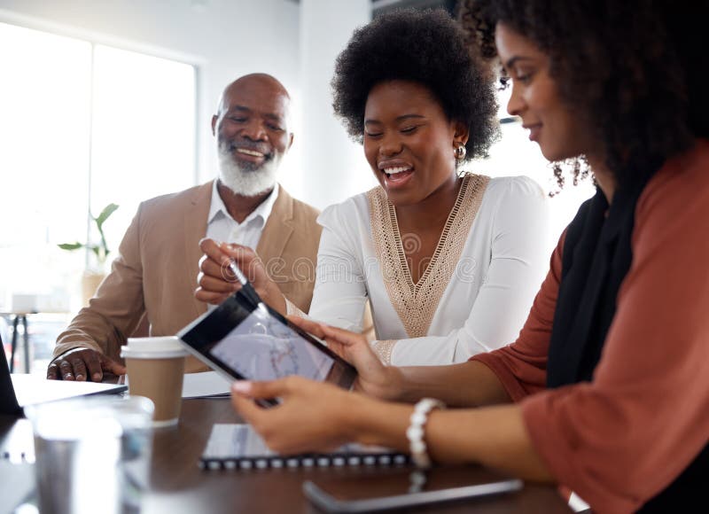 Finance, Talking and Business People with Data on a Tablet for Analysis ...