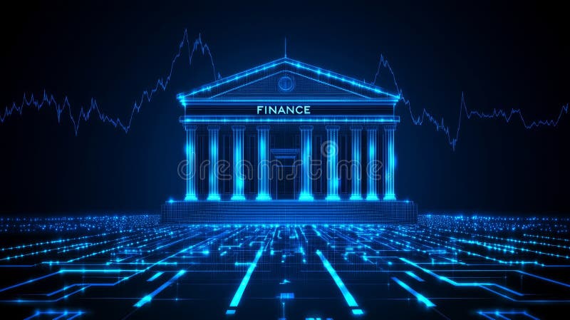Finance Technology. Blue Neon Outline of Bank Building on Abstract ...