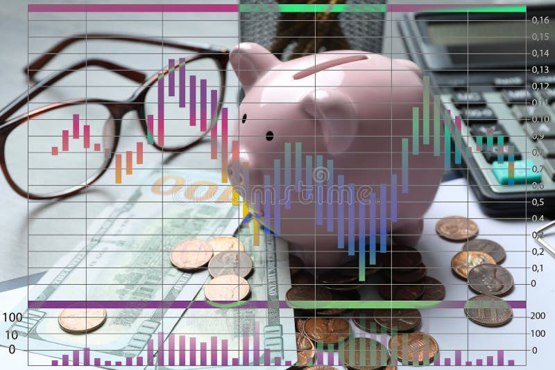 Finance Trading. Piggy Bank with Coins on Table and Chart Stock Image ...