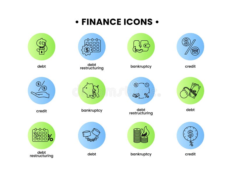 Finance. Vector Illustration Set of Icons Debt, Debt Restructuring ...
