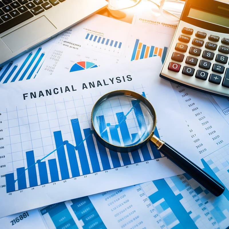 Financial Analysis Desk Setup with Documents, Magnifying Glass, Blue ...