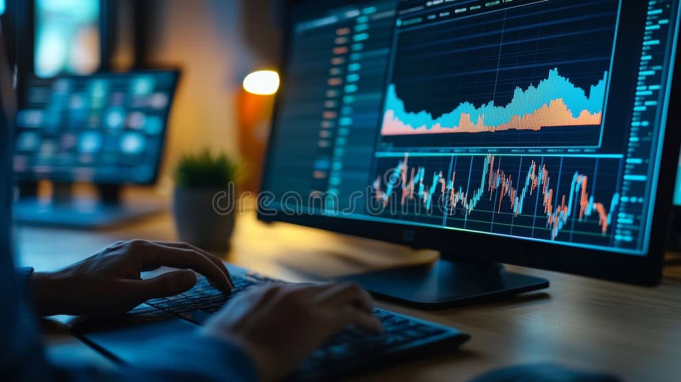 Financial Analysis with Graphs on Computer Screens in an Office Stock ...
