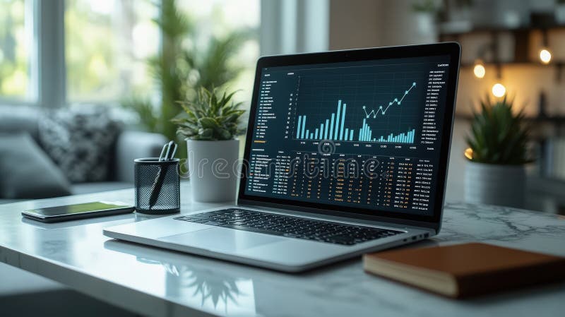 Financial Analysis on Laptop in a Modern Home Office with Greenery ...