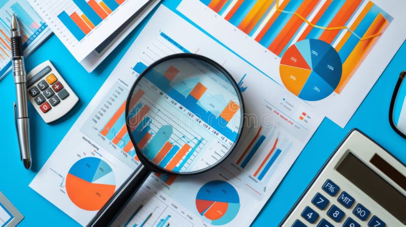 Financial Analysis Tools Including a Magnifying Glass Focusing on a Pie ...