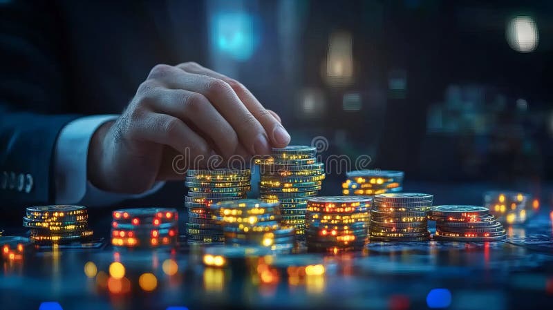 Financial Analyst Assessing Coins and Charts in Dark Setting Stock ...
