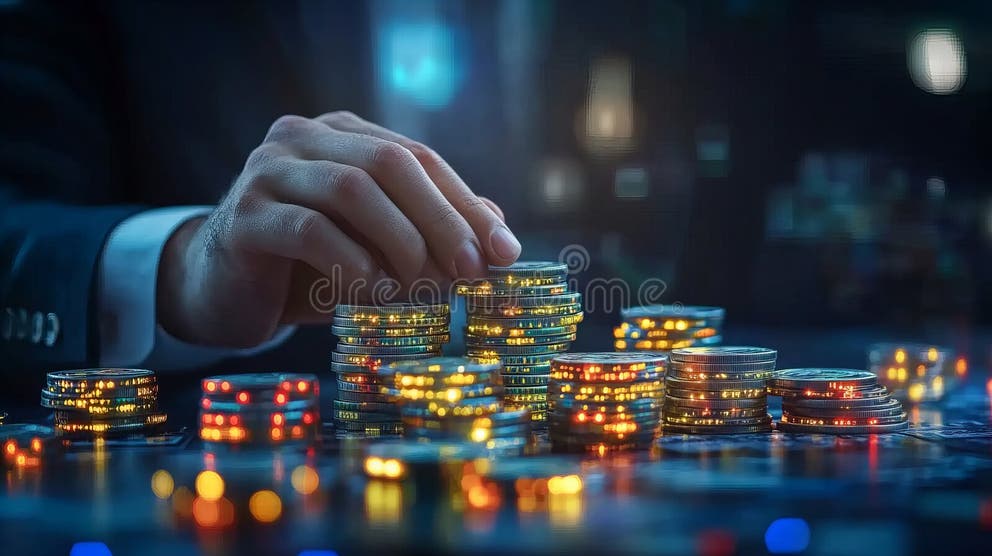 Financial Analyst Assessing Coins and Charts in Dark Setting Stock ...