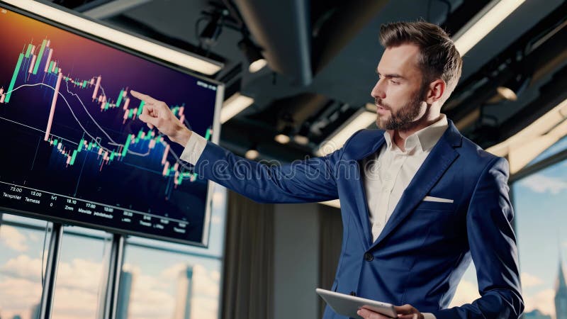 Financial Analyst Presents Dynamic Stock Market Data Pointing at Screen ...