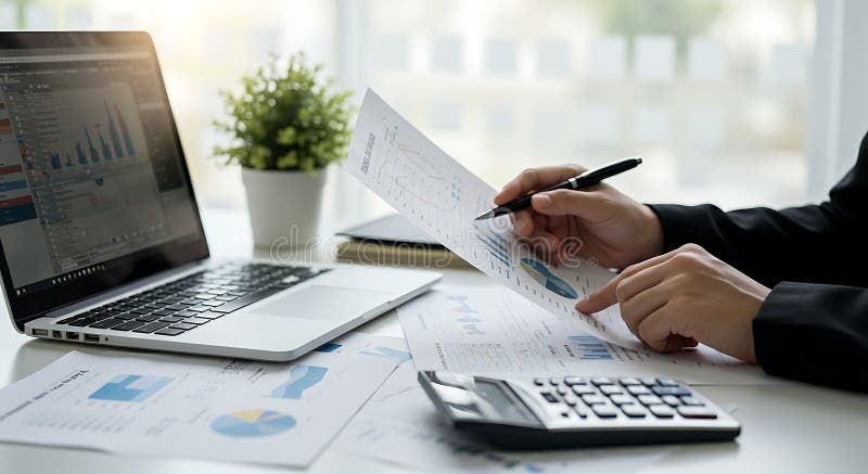 Financial Analyst Reviewing Data: Charts, Graphs, and Calculator in a ...