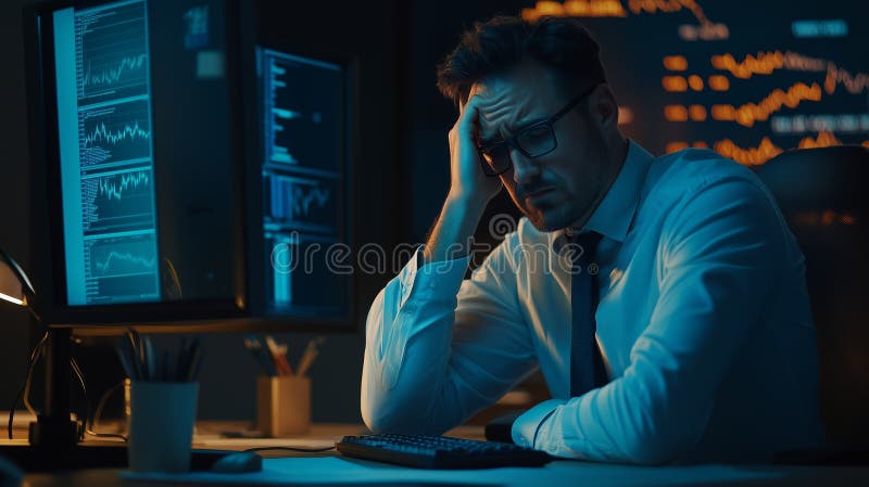 Stressed Financial Analyst Working Late at Night in a Dark Office with ...