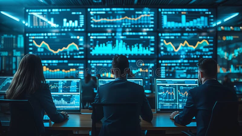 Financial Analyst Working on a Computer with Multi-Monitor Workstation ...