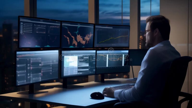 Financial Analyst Working Late Analyzing Data on Multiple Monitors ...