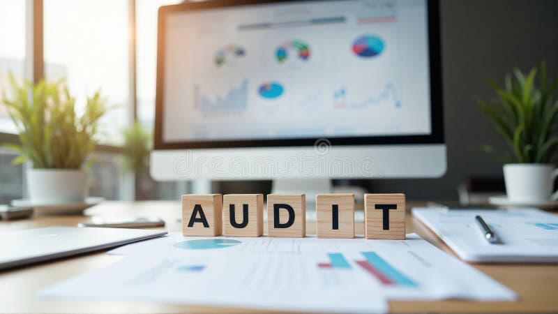 Financial Audit Concept with Wooden Blocks and Computer Setup in Office ...