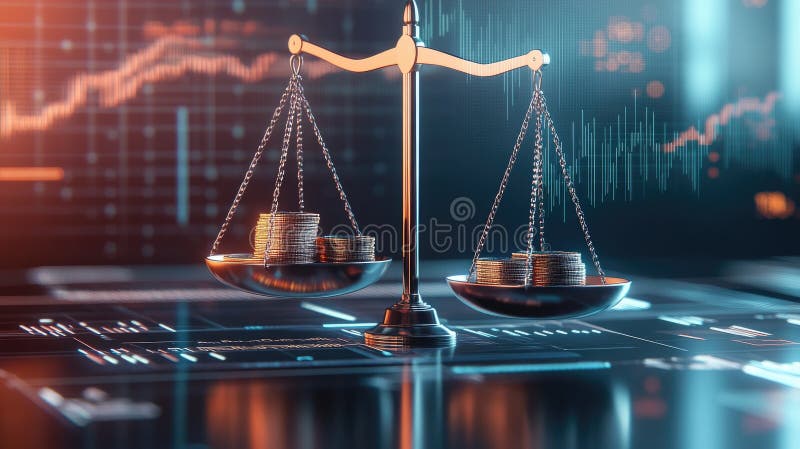 Financial Balance Concept: Coins Vs. Stock Graphs on 3D Scale with ...