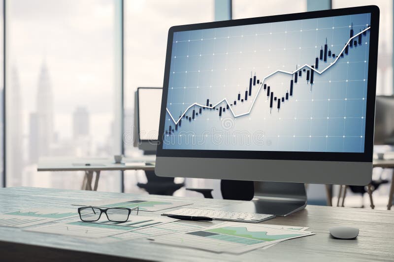 Financial Chart on Computer Screen in Modern Office. 3D Rendering Stock ...