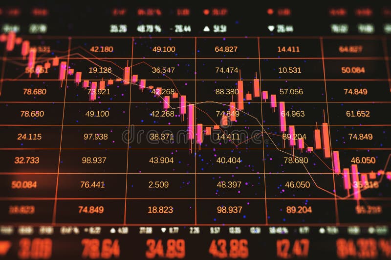 Financial Chart with Falling Red Candlesticks and Data on a Dark ...