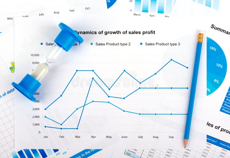 Financial Chart with Hourglass and Blue Pencil Stock Photo - Image of ...