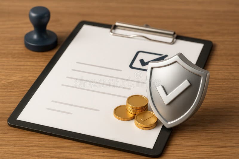 Financial Checklist with Coins and Security Shield Stock Image - Image ...