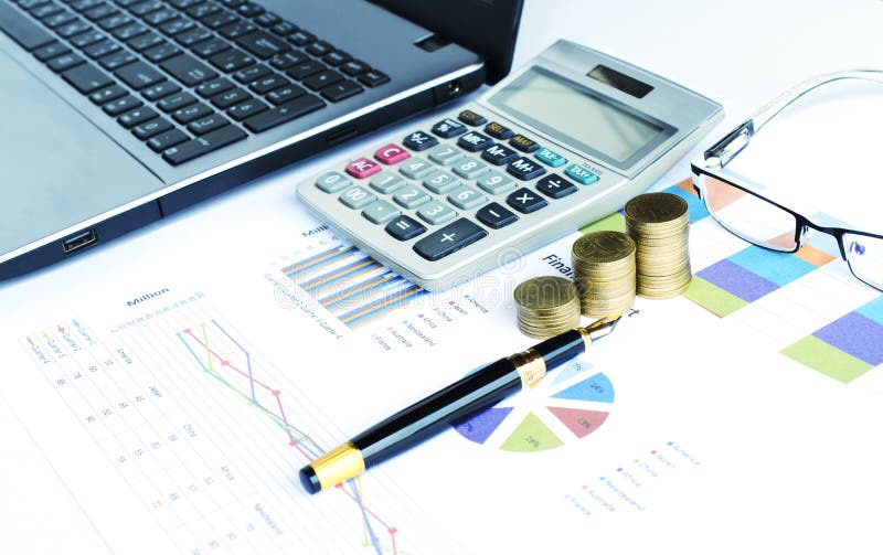 Financial Concept with Coins Stack and Calculator and Fountain Pen and ...