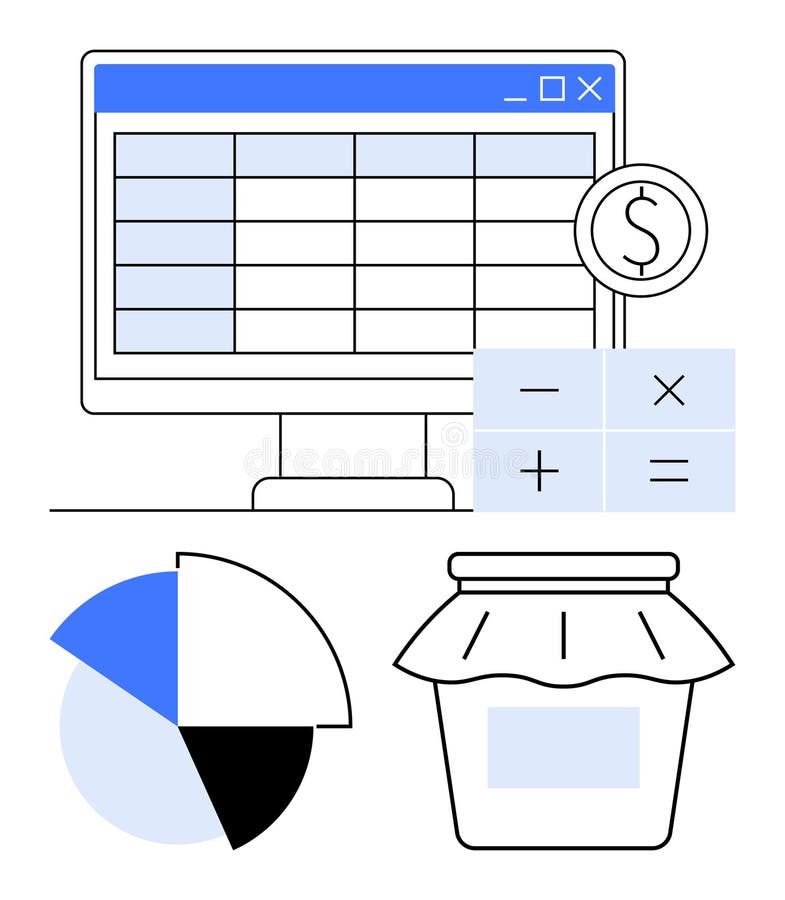 Financial Data Analysis with Spreadsheet, Calculator, Pie Chart, and Savings Jar Stock Vector ...