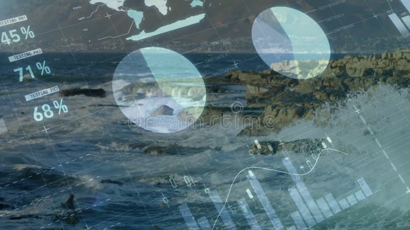 Financial Data and Analytics Animation Over Ocean Waves and Rocky ...