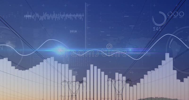 Financial Data and Analytics Animation Over Power Lines and Sunset ...
