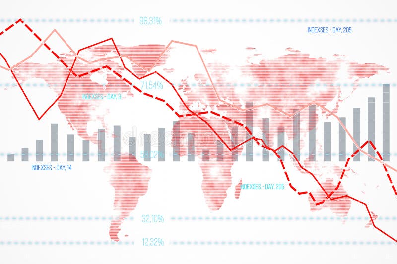 Financial Data Chart with Declining Indexes on a World Map Background ...