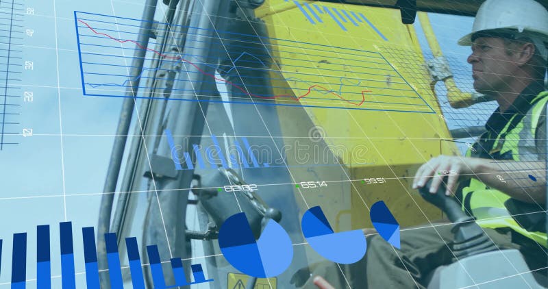 Financial Data Charts and Graphs Animation Over Construction Worker ...