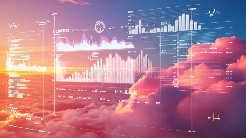 Financial Data Displayed on Futuristic Transparent Screen Above Clouds ...
