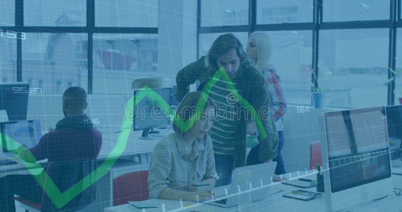 Financial Data Graph Animation Over Diverse Team Collaborating in ...