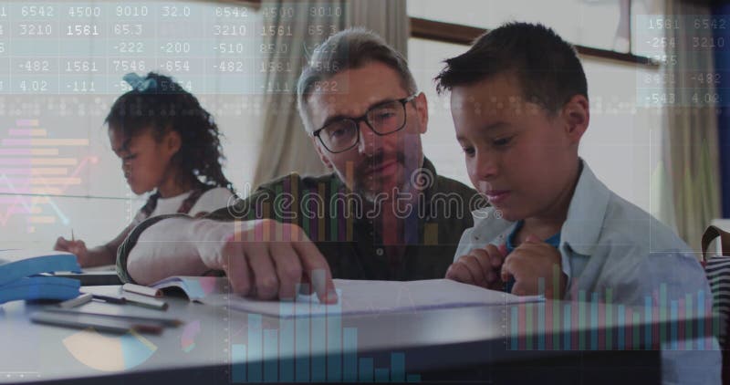 Financial Data and Graphs Image Over Teacher Helping Students with ...