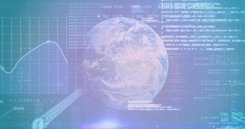 Financial Data and Graphs Overlaying Animation of Earth on Digital Blue Background Stock Footage ...