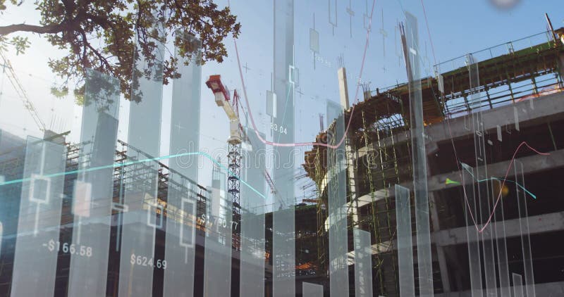 Financial Data and Graphs Overlaying Construction Site, Workers ...