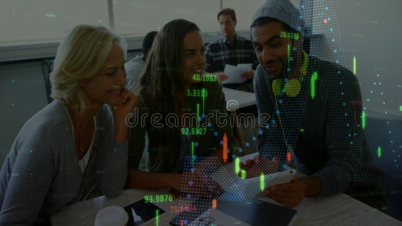 Financial Data Processing Animation Over Diverse People Collaborating ...