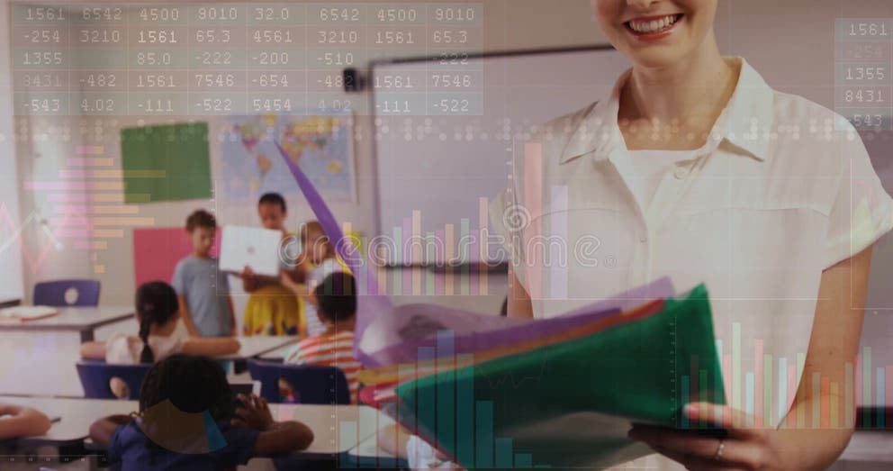 Financial Data Processing Image Over Teacher and Students in Classroom ...