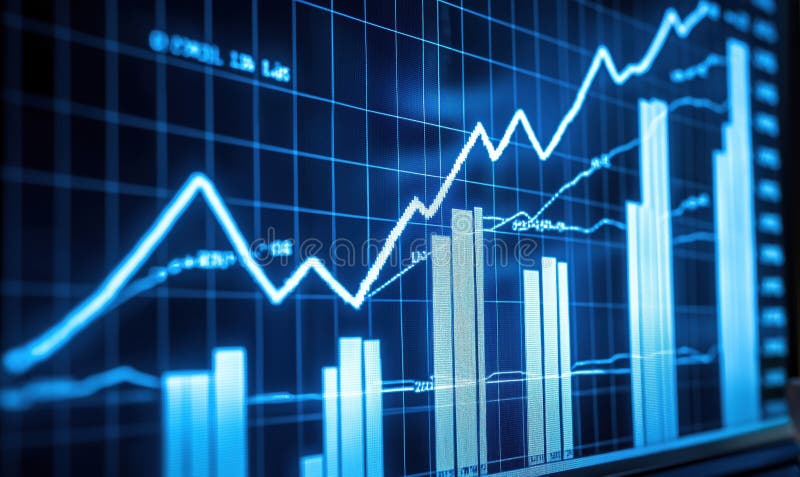 Financial Data Visualization Blue Line Graph Bar Chart Digital Screen ...