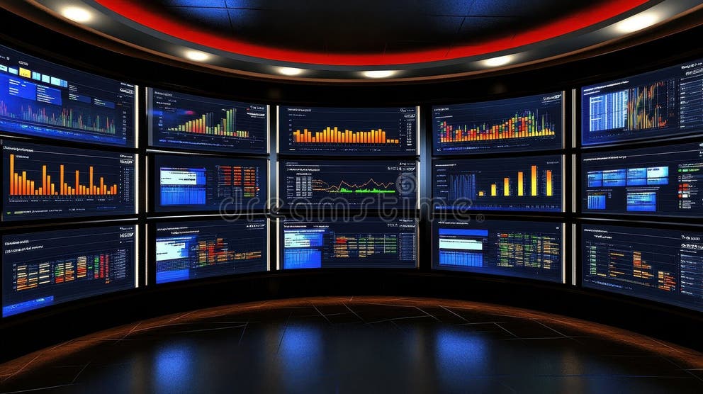 Financial Data Visualization Wall of Graphs and Charts in a Dark Room ...