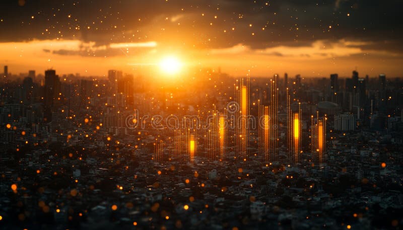 Financial District with Glowing Graph at Sunset, Economic Growth and ...